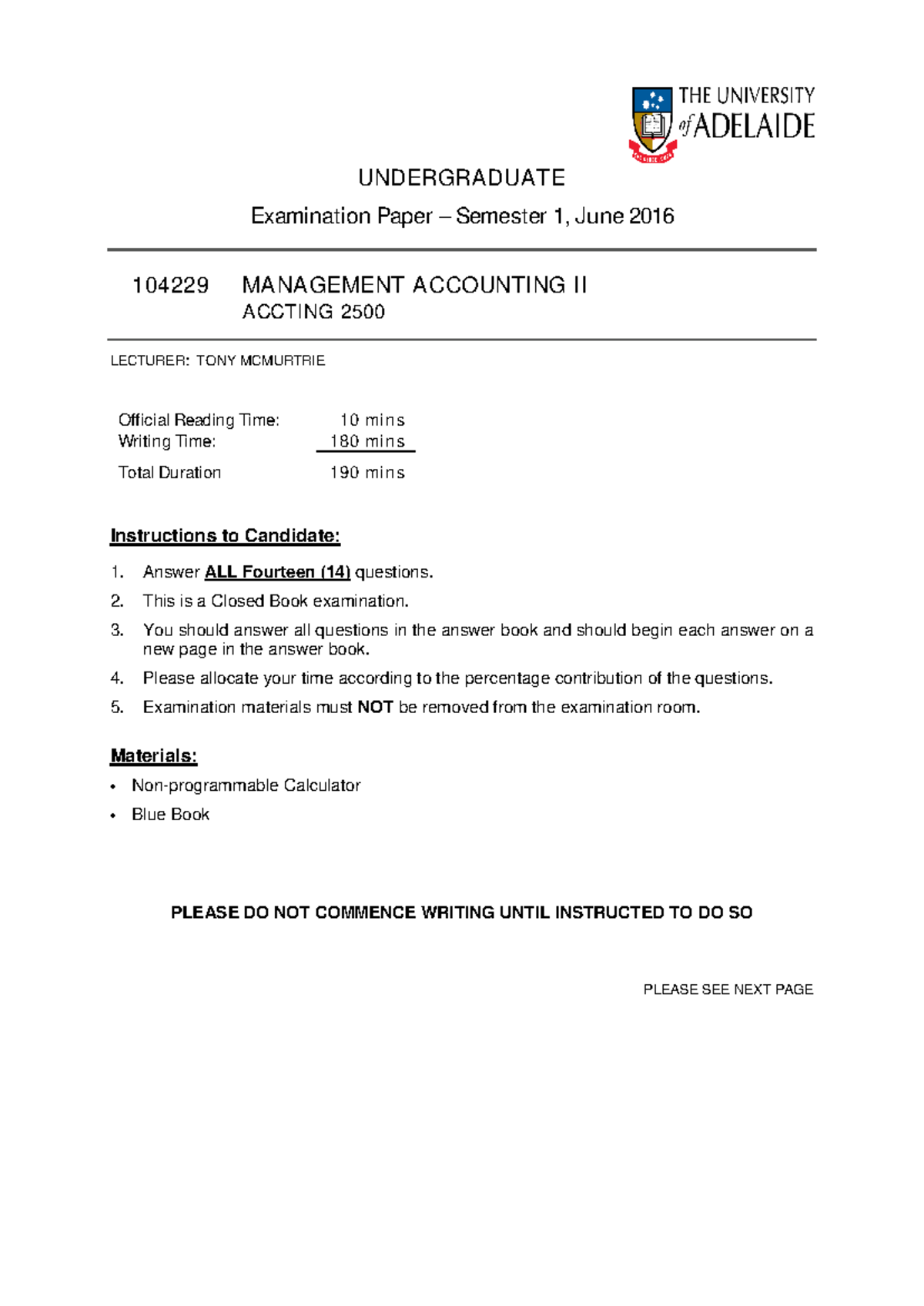 104229 Management Accounting II Exam June 2016: Questions & Answers ...