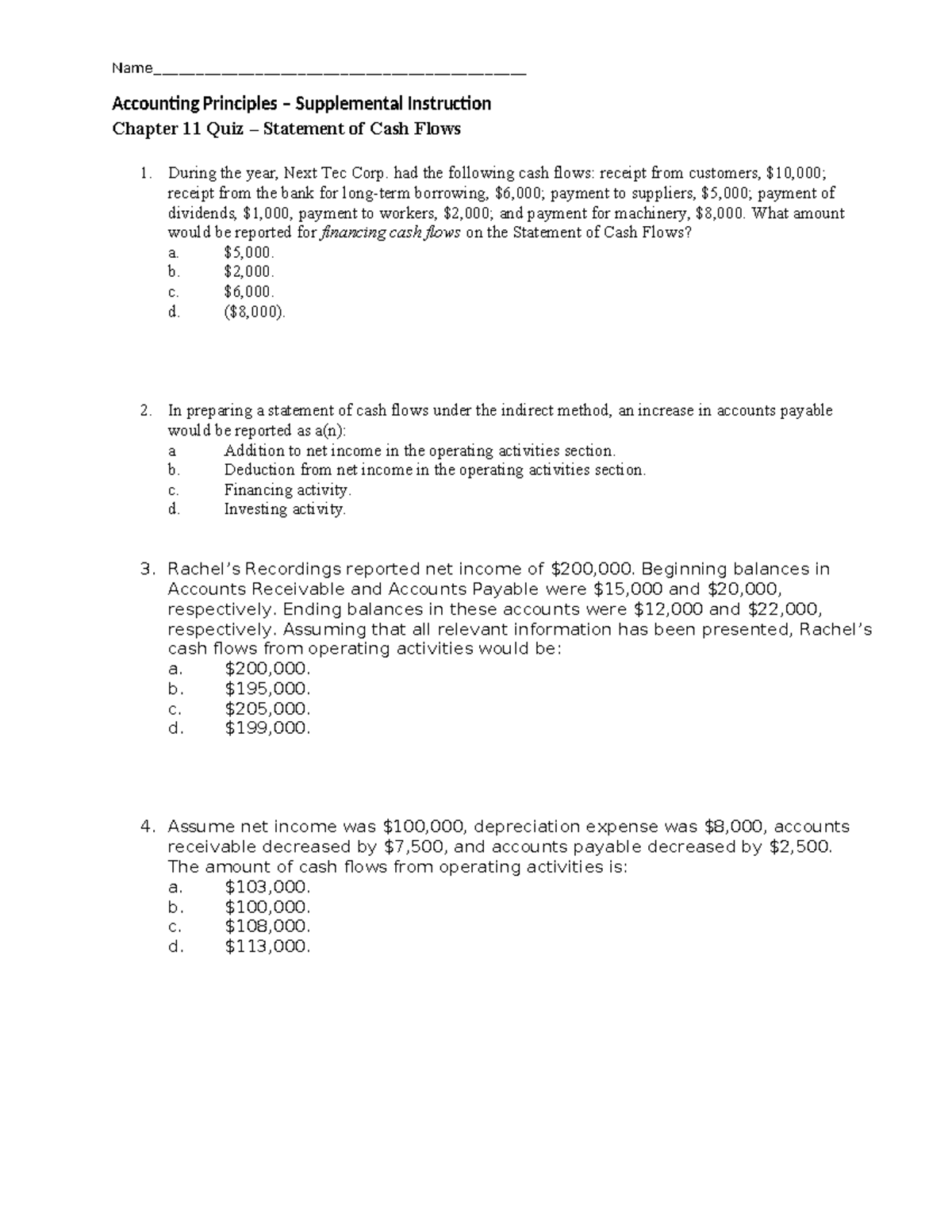 Accounting Principles (ACC 101) – Chapter 11 Cash Flow Quiz Review ...