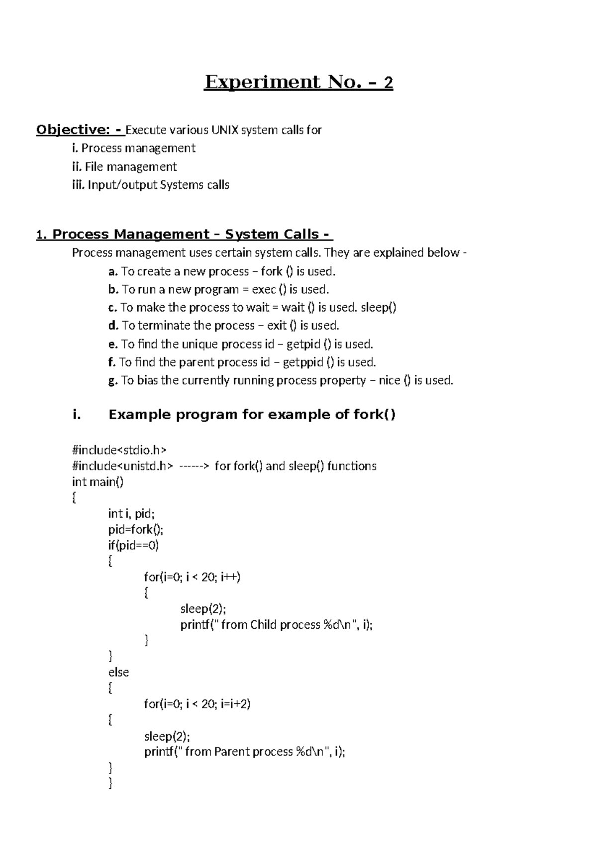 UNIX System Calls Experiment No. 2: Process & File Management - Studocu