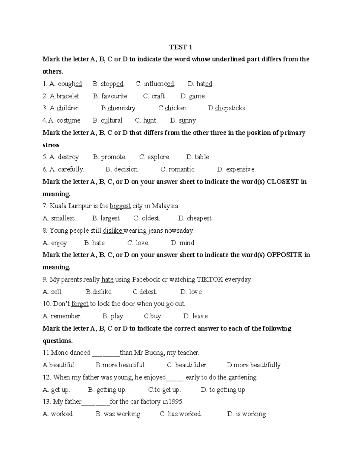 TEST 1 - Multiple Choice Questions on Vocabulary and Grammar - Studocu