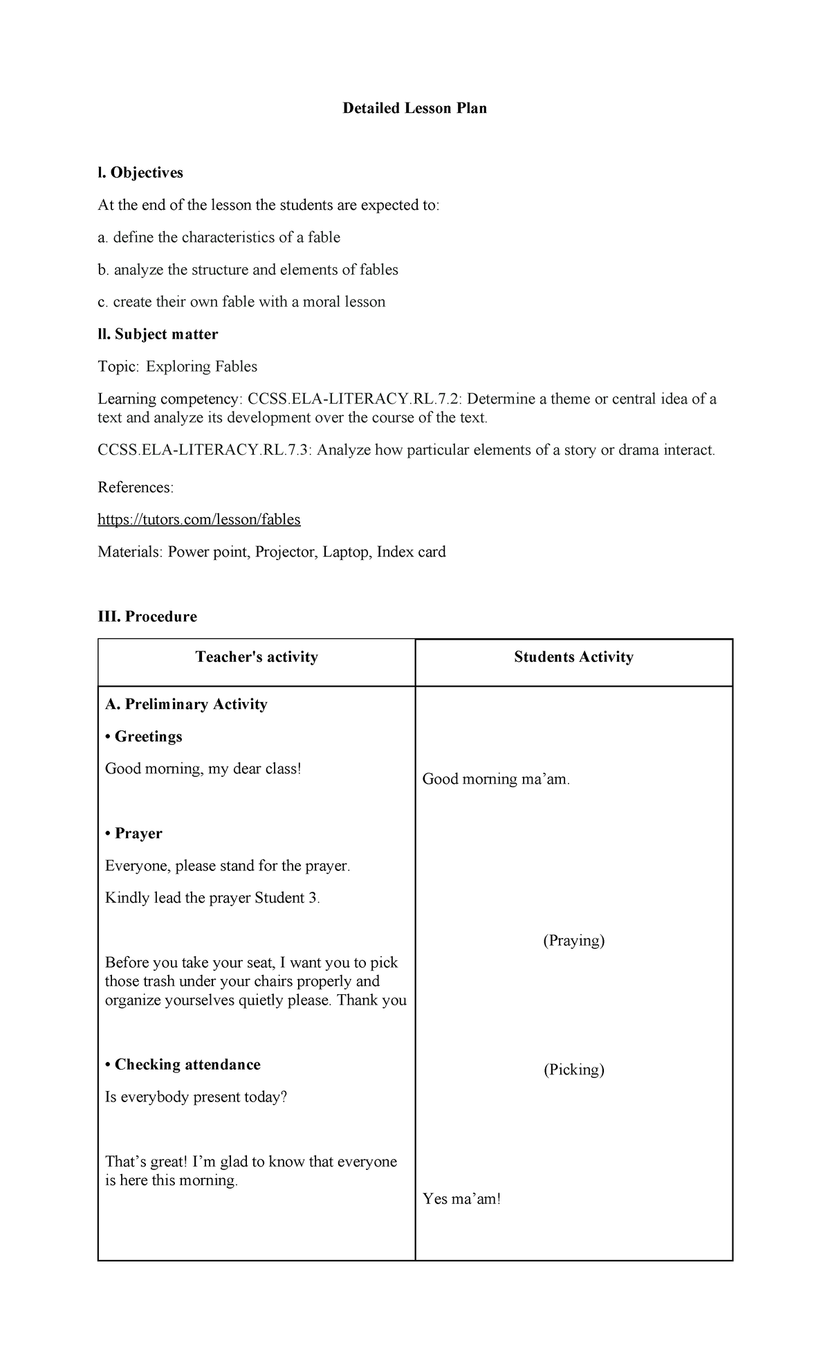 Detailed Lesson Plan: Exploring Fables (EDU 101) - Studocu