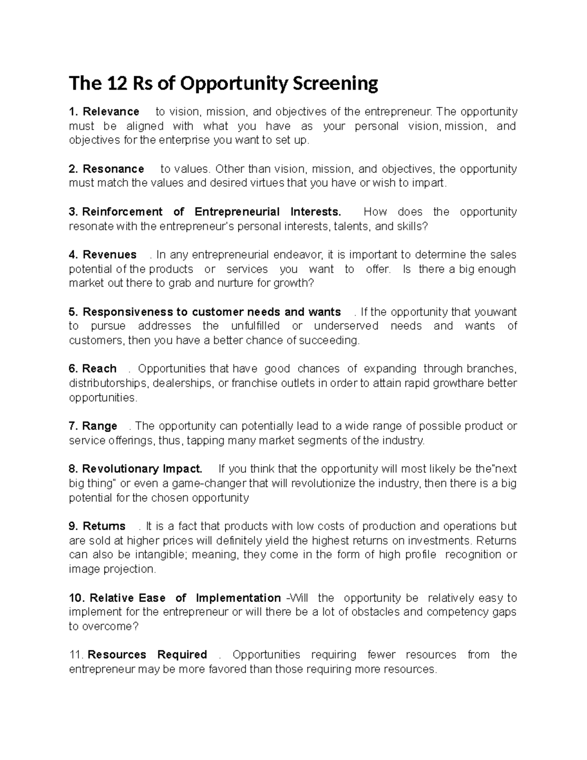 The 12 Rs of Opportunity Screening in Entrepreneurship Analysis - Studocu