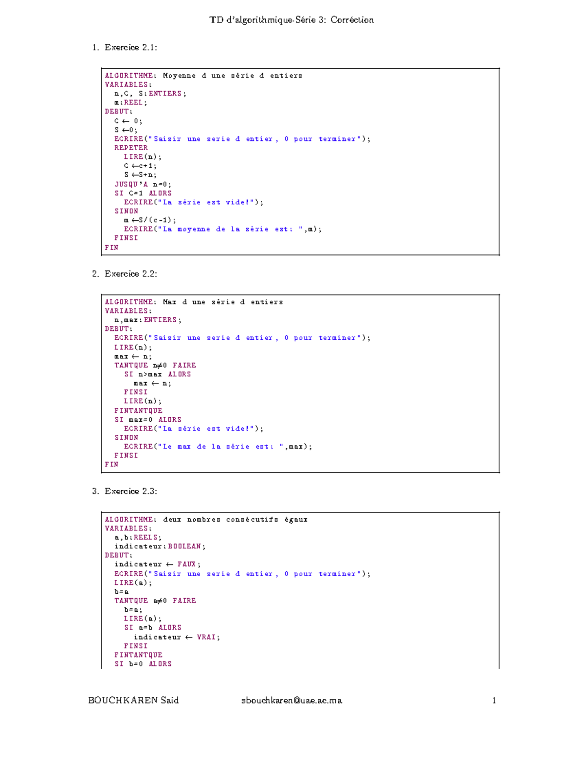 Corre série 3 - corrigé TD3: les boucles , structures conditionnelles, tableaux et structures ...