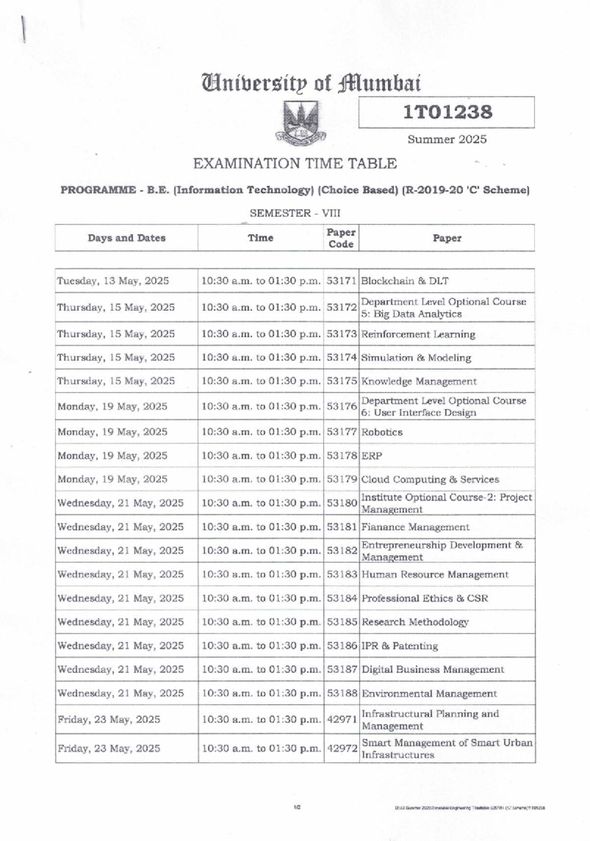 1T01238-B - Ens semester time table - University of Mumbai 1T01238 ...