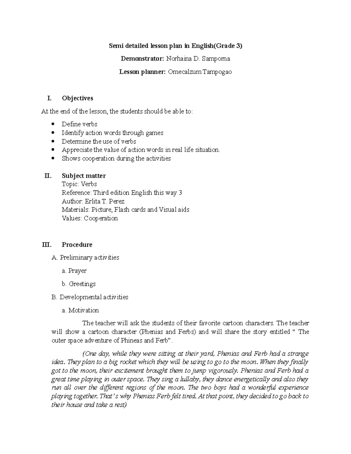 Detailed Lesson PLAN IN English ( Verbs) - Semi detailed lesson plan in ...