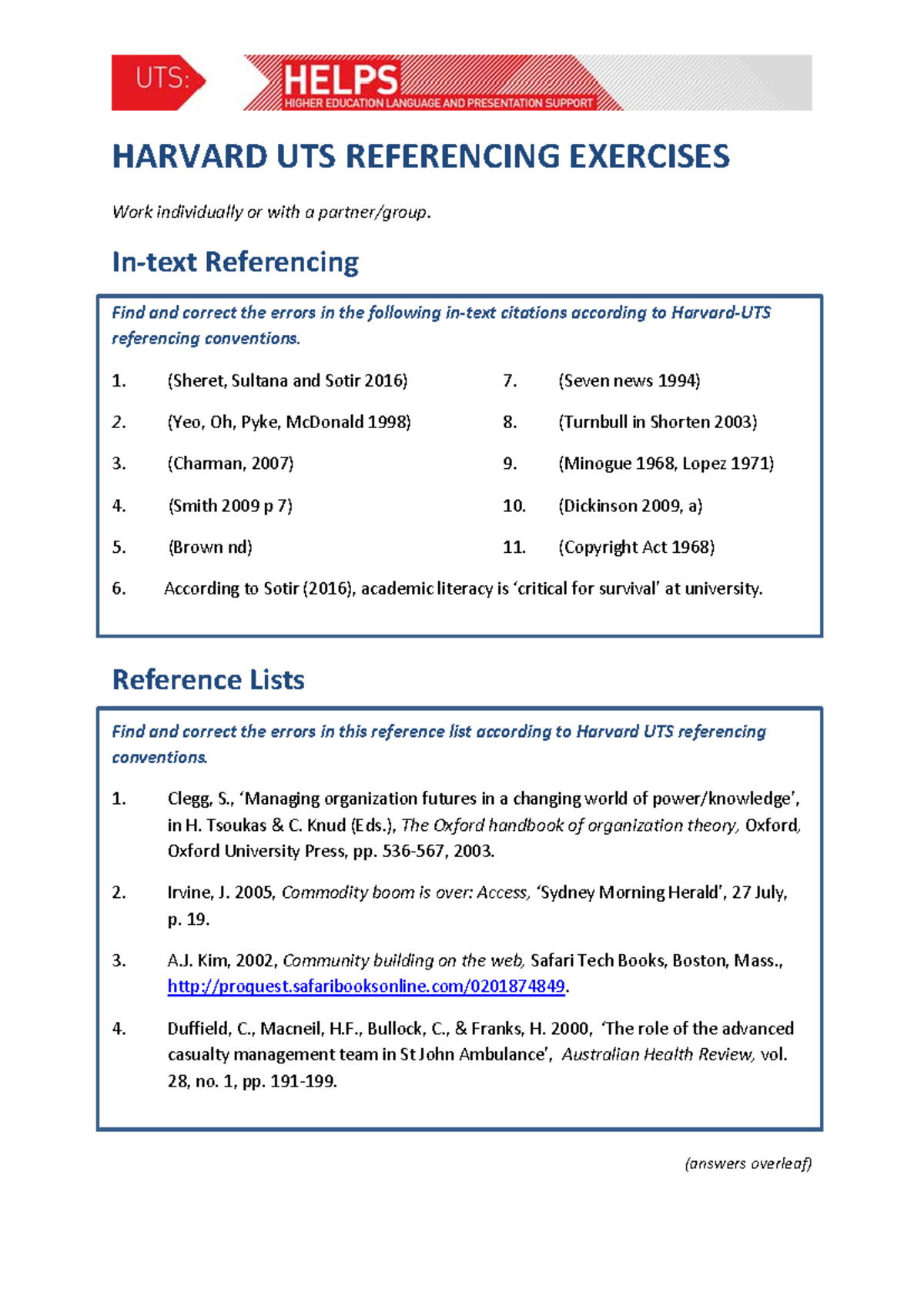 Harvard UTS Referencing Exercises - Citation Corrections Activity - Studocu