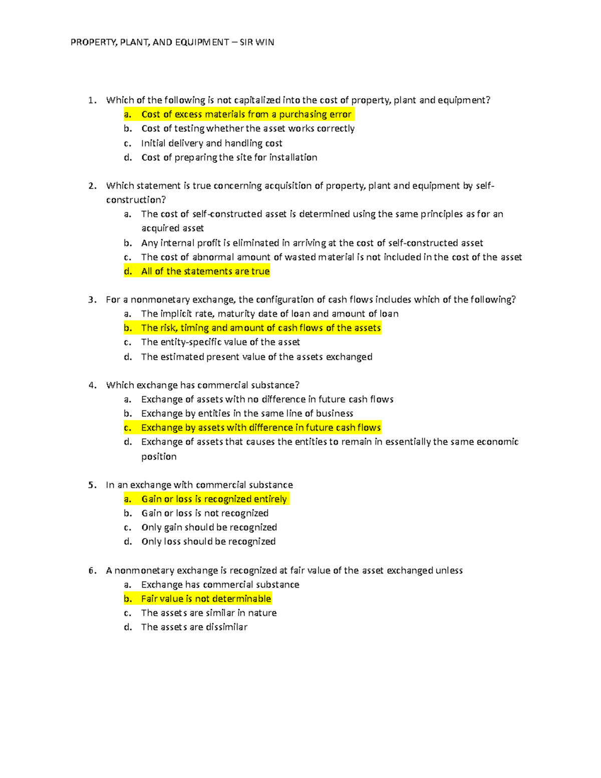 PPE - Multiple Choice Questions for Property, Plant & Equipment - Studocu