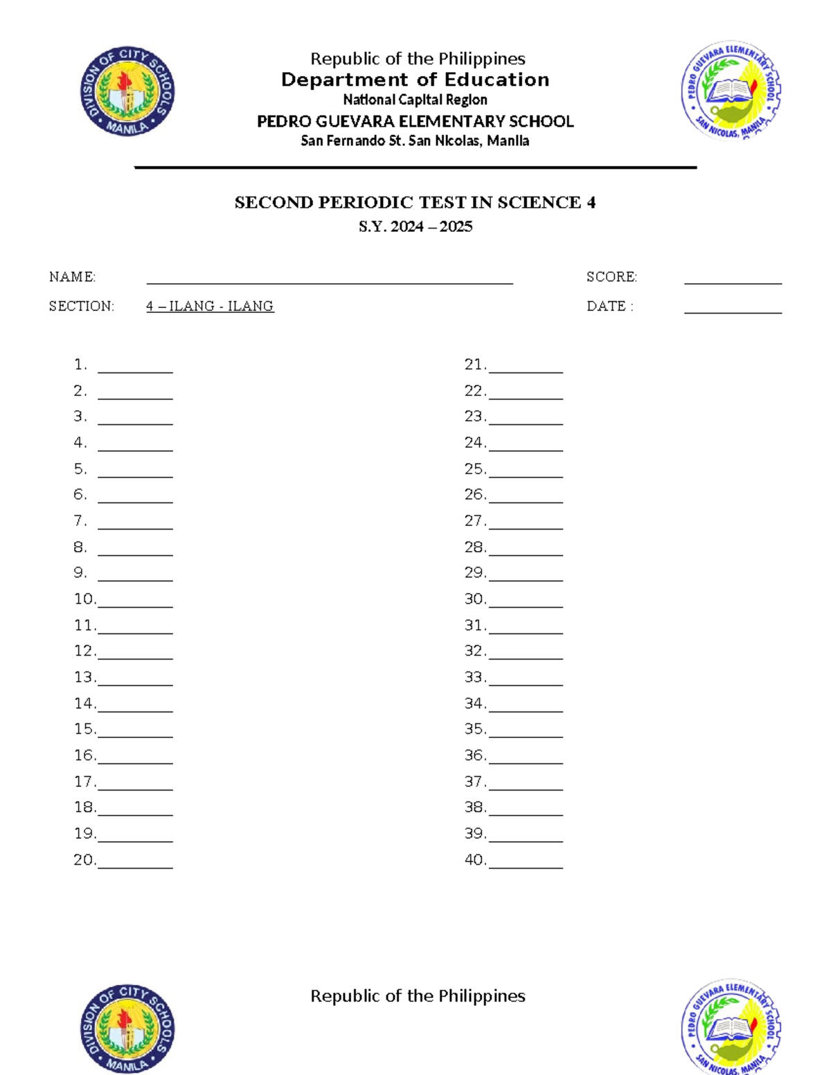 Answer Sheet 2nd Quarter - Republic of the Philippines Department of ...
