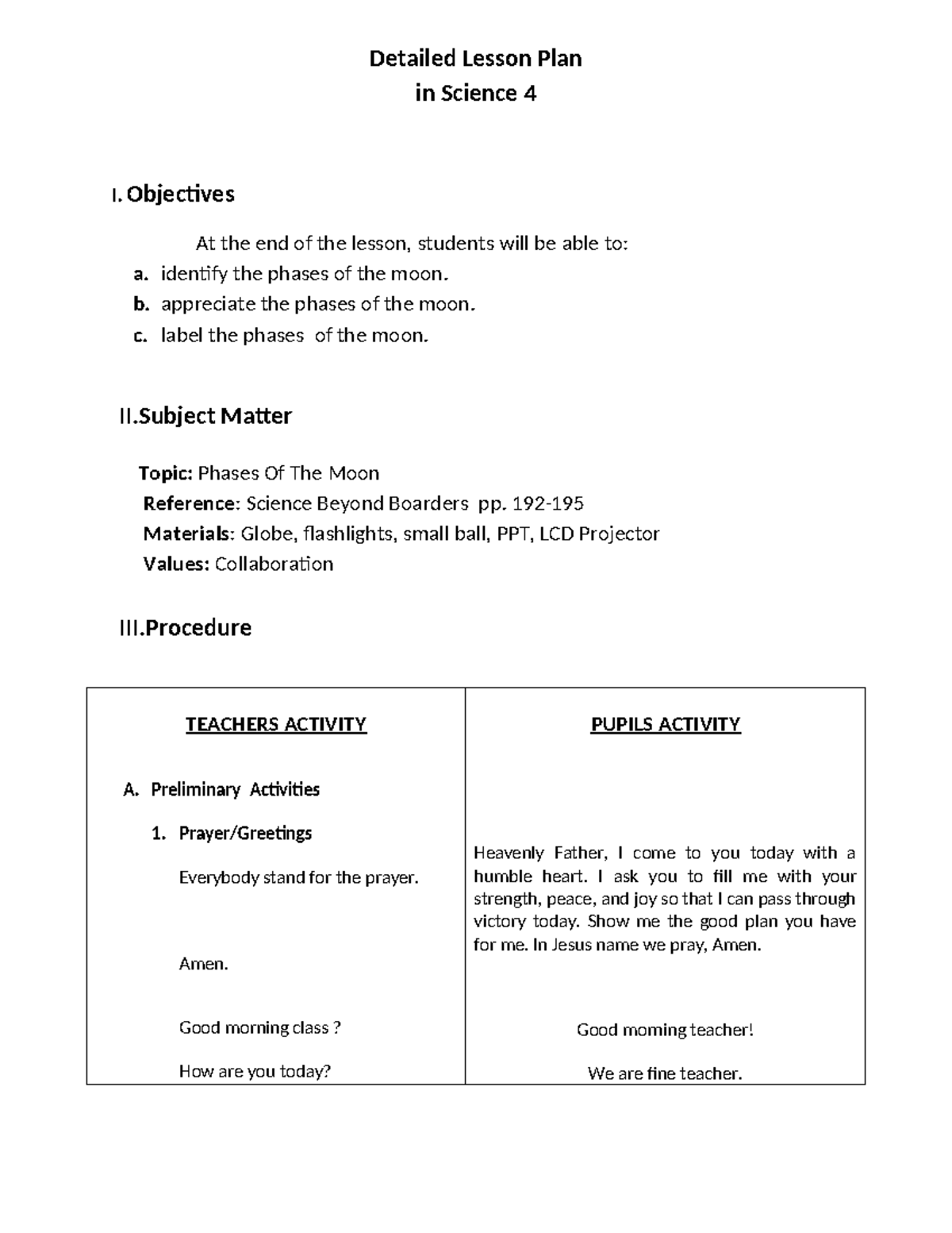 DLP: Science 4 - Phases of the Moon Lesson Plan - Studocu
