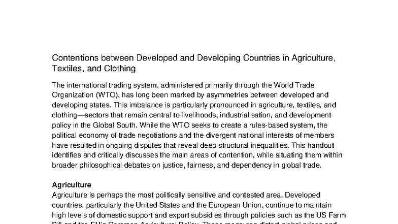 Trade Contentions: Developed vs Developing Countries in Agriculture ...