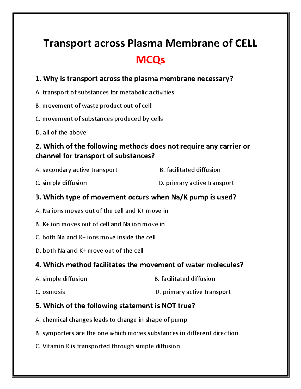 Transport Membrane MCQs and Answers for Cell Biology Study - Studocu