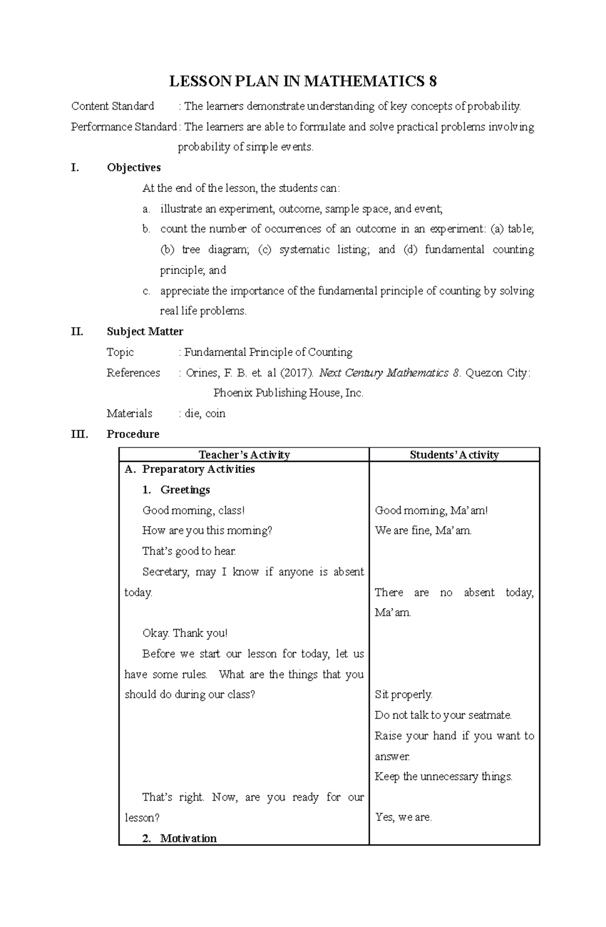 Lesson Plan for Math 8: Understanding Probability Concepts - Studocu