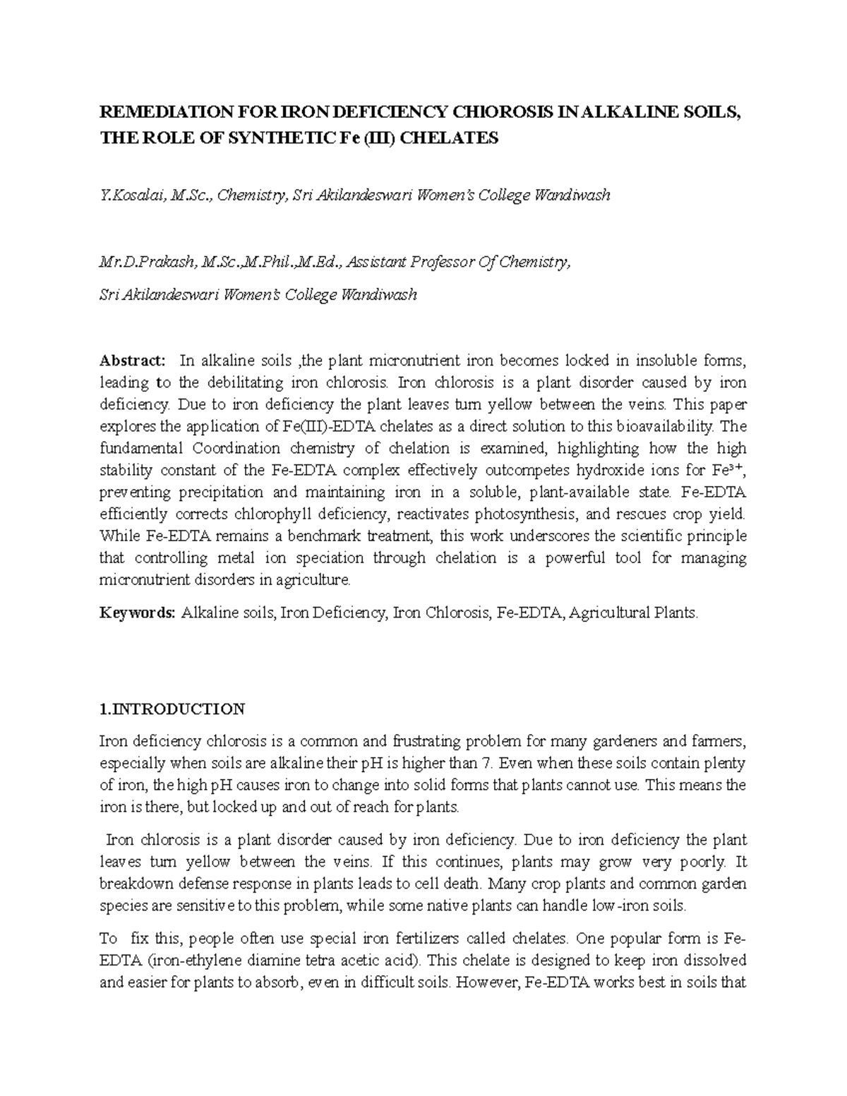 Remediation of Iron Deficiency Chlorosis in Alkaline Soils: The Role of ...