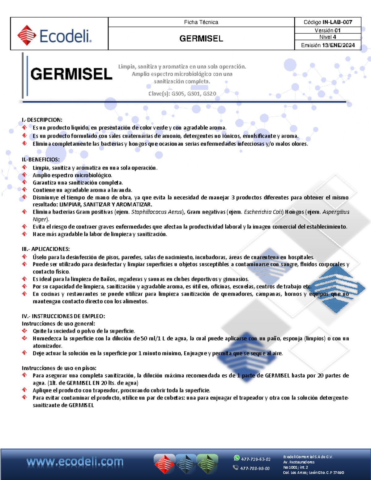 Hoja Técnica de Producto Germisel Ecodeli GS20: Descripción y ...
