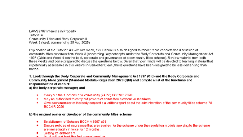 LAWS2707 Tutorial 4: Community Titles & Body Corporate II Overview ...