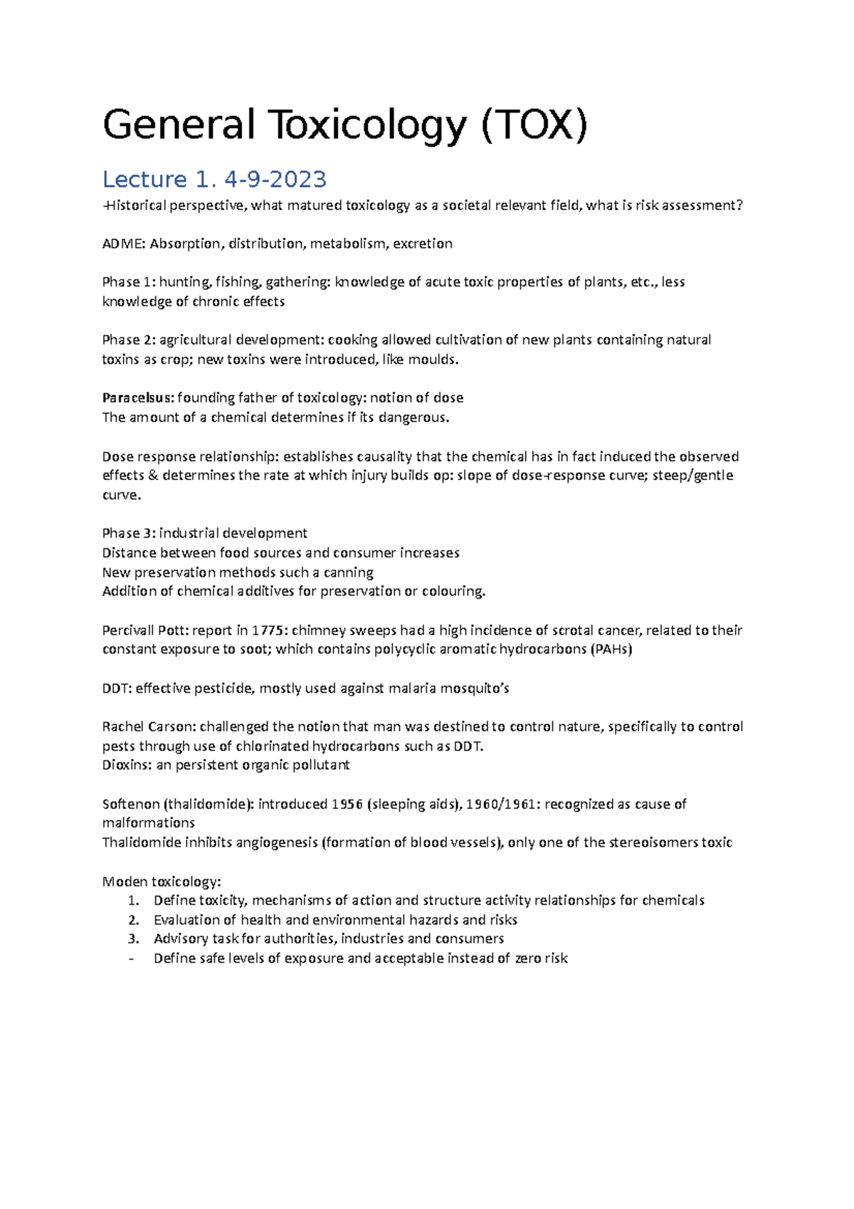General Toxicology (TOX): Comprehensive Lecture Notes Overview ...