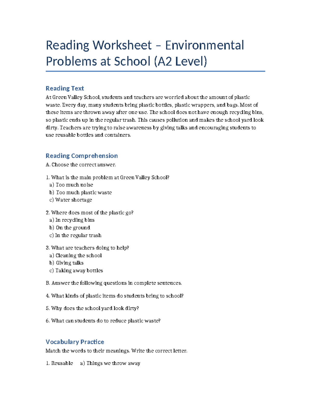 Reading Worksheet: Environmental Problems at School (A2 Level) - Studocu
