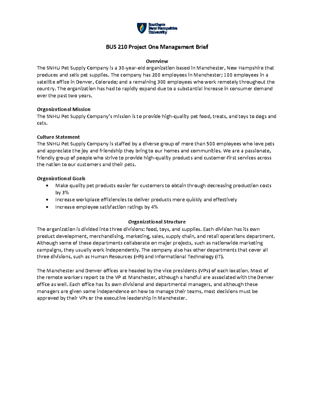 BUS 210 Project One: SNHU Pet Supply Company Management Overview - Studocu