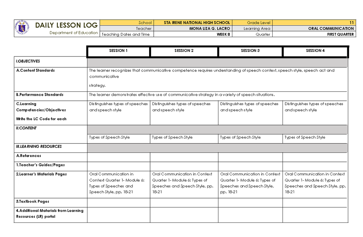 OC Q1 W8 - Daily Lesson Log for Oral Communication - Studocu