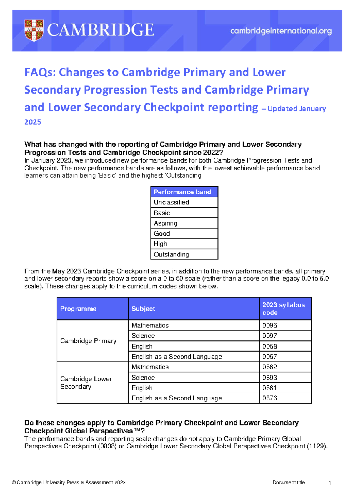 Cambridge Primary & Lower Secondary Checkpoint FAQs: Performance Bands Update - Studocu