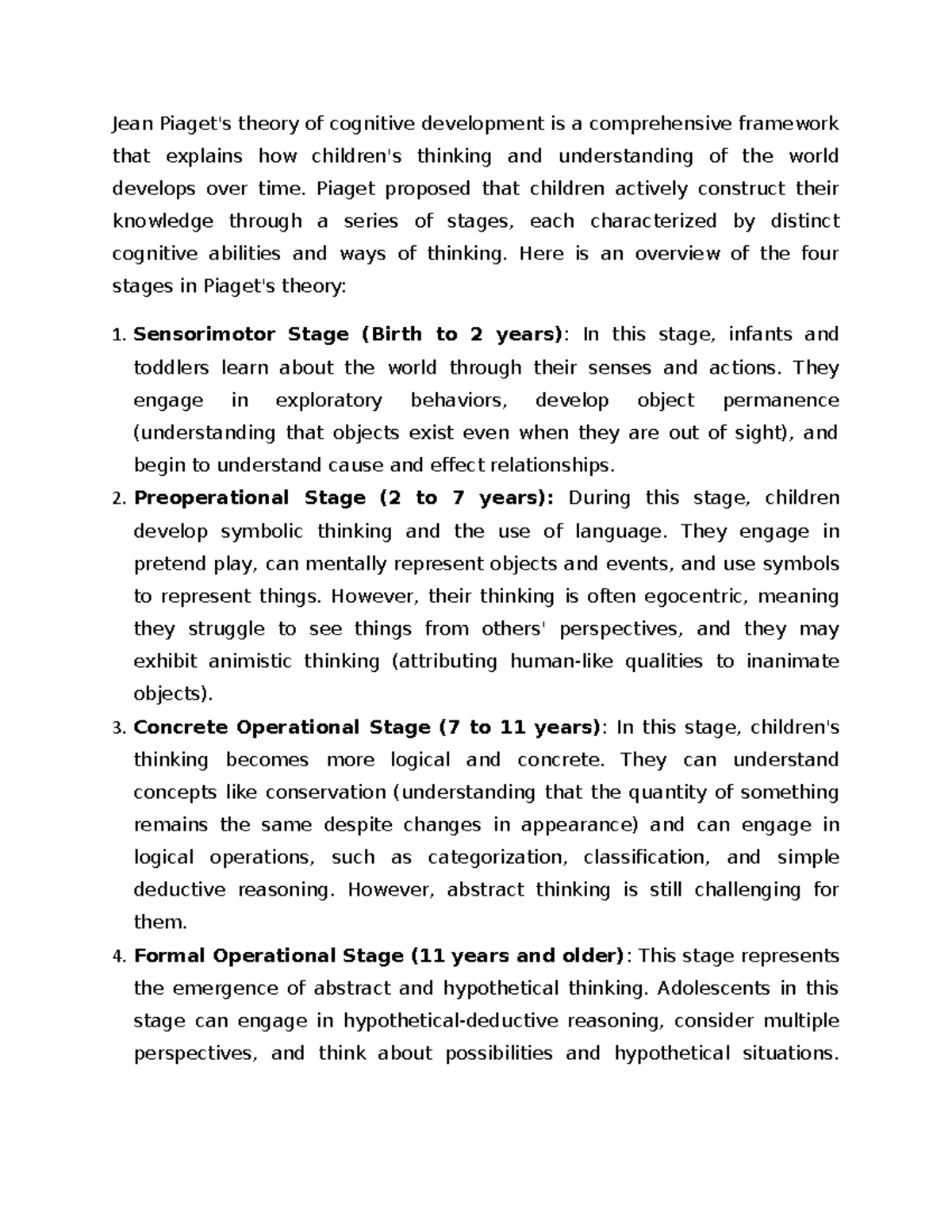 Jean Piaget's Cognitive Development Theory Overview and Insights - Studocu