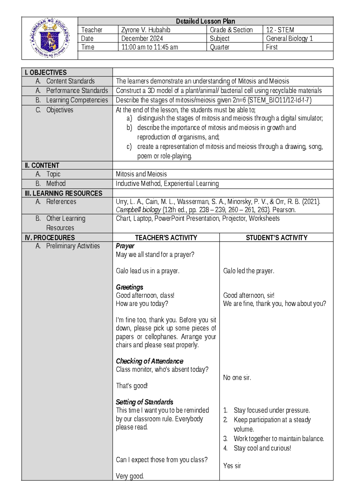 Gen Bio 1 - Detailed Lesson Plan on Mitosis & Meiosis - Studocu