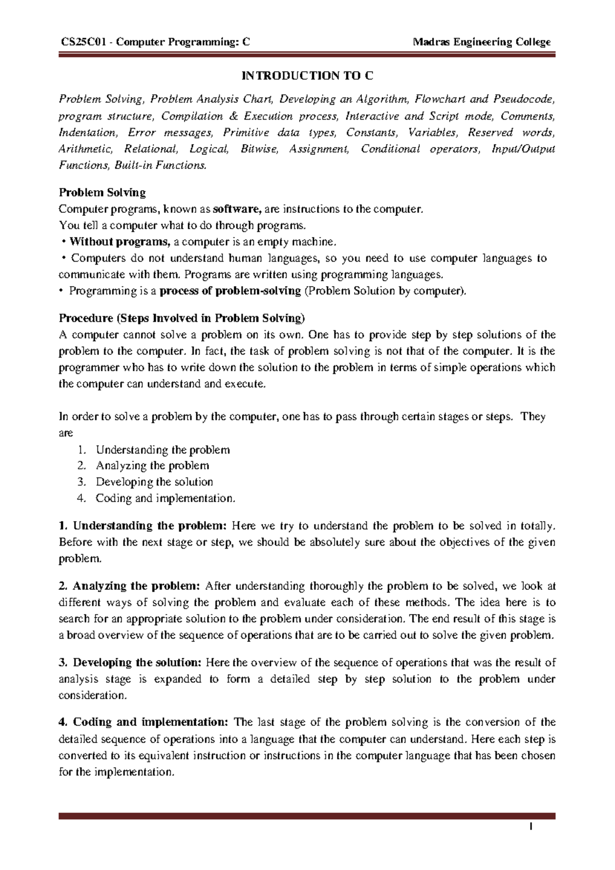 CS25C01 Computer Programming: C - Introduction to Problem Solving and ...