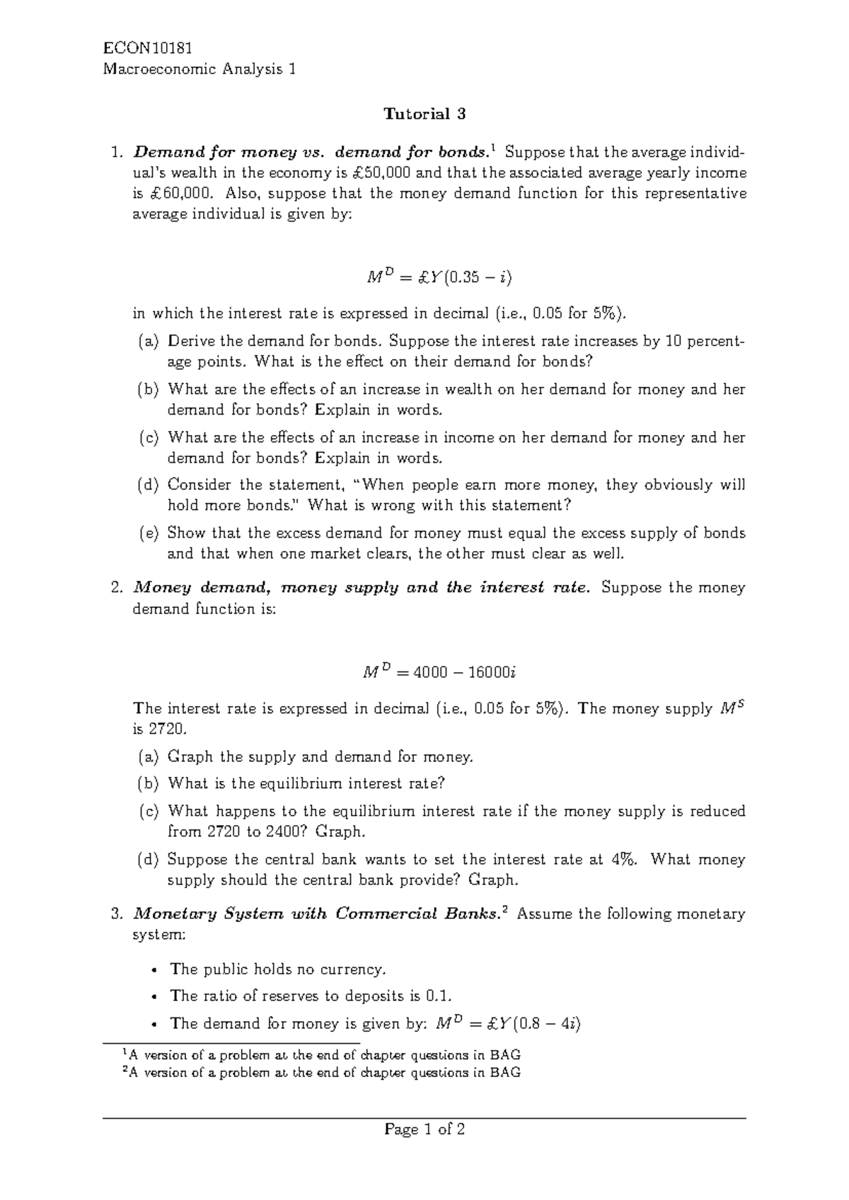 ECON10181 Macroeconomic Analysis 1 Tutorial 3: Demand for Money & Bonds ...
