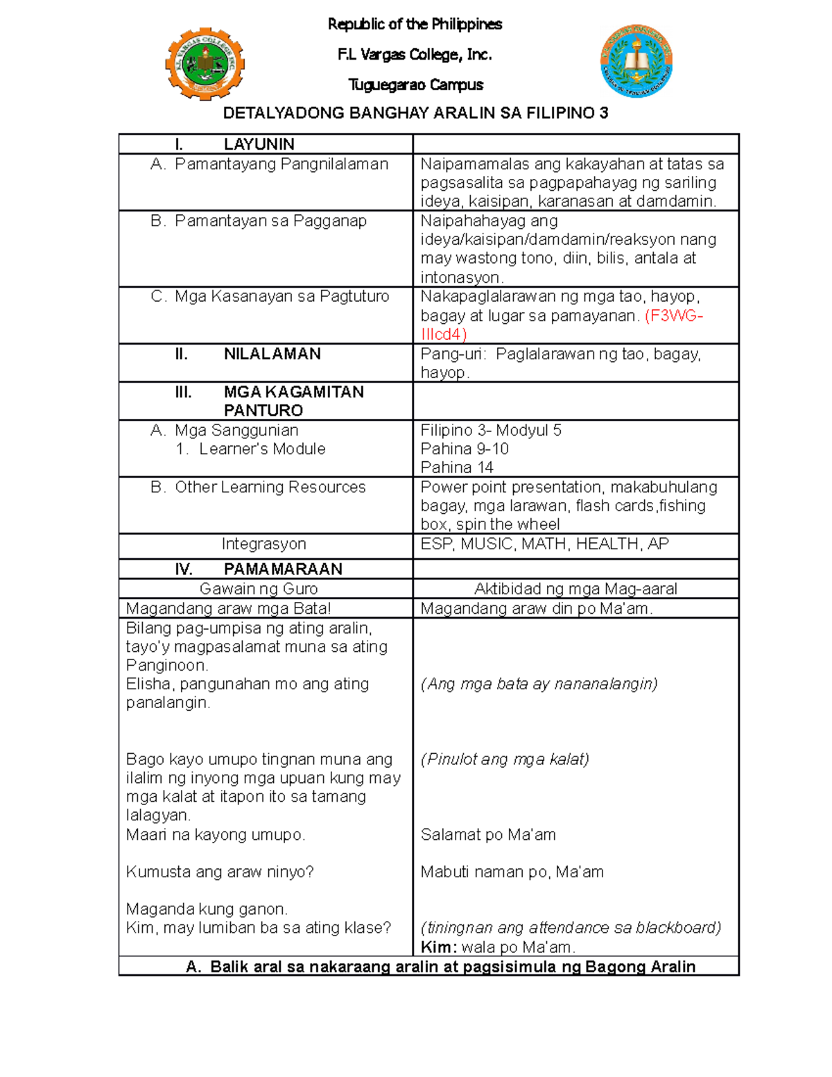 Detalyadong Banghay Aralin para sa Filipino 3: Pagsasalita at Paglalarawan - Studocu