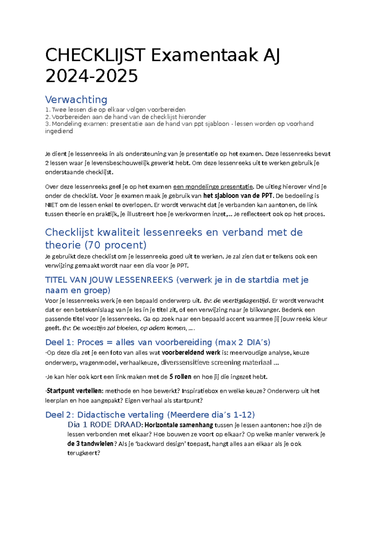 Checklist Examentaak Didactiek LB RKG AJ2425: Voorbereiding ...