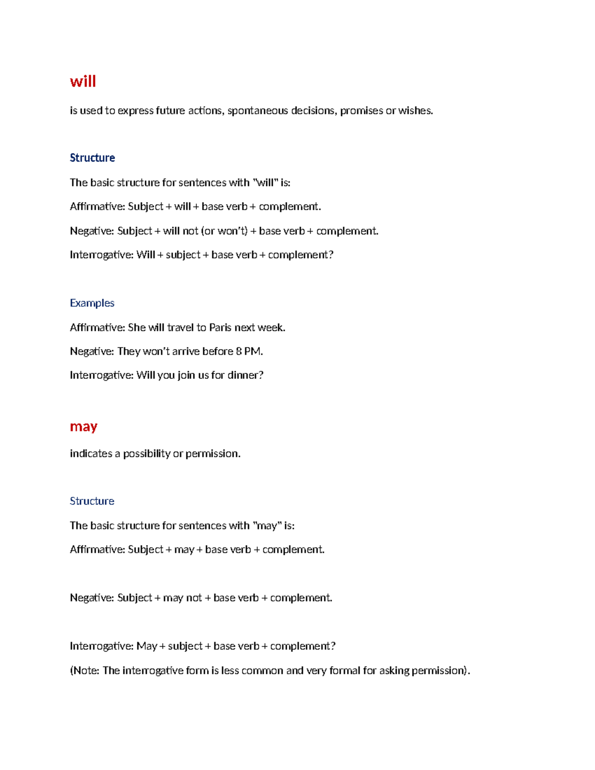Will, May, Might: Future Actions & Possibilities - Vocabulary Notes ...