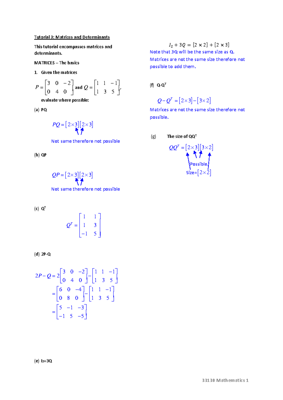 33130 T3 Matrices & Determinants Solutions - Tutorial Notes - Studocu