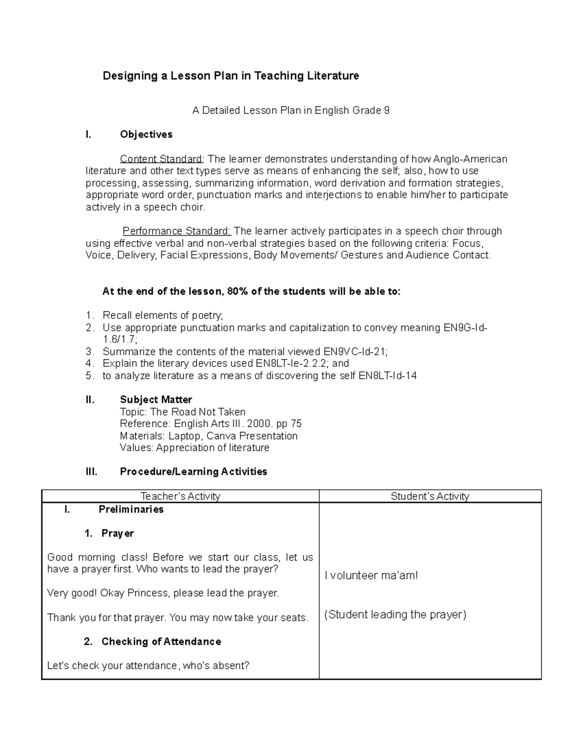 Lesson Plan: Analyzing "The Road Not Taken" - Grade 9 Literature - Studocu
