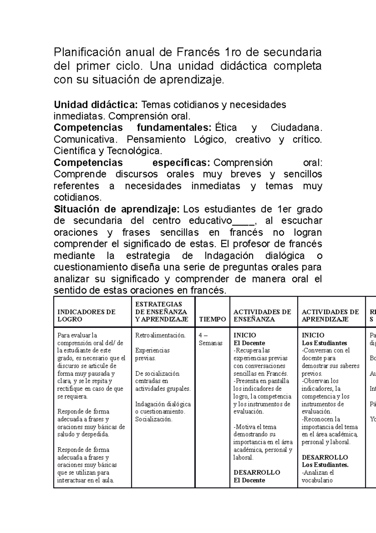 Planificación anual de Francés 1ro de secundaria del primer ciclo - Una ...