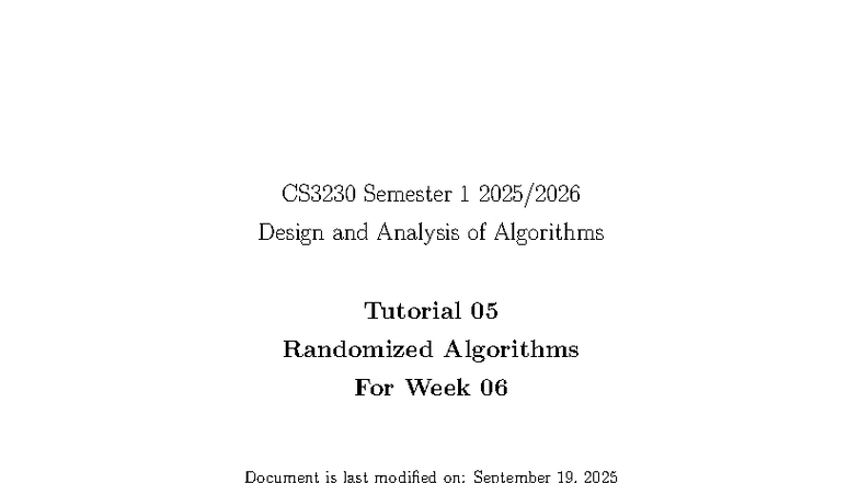 CS3230 Tutorial 05: Randomized Algorithms Model Answers - Studocu