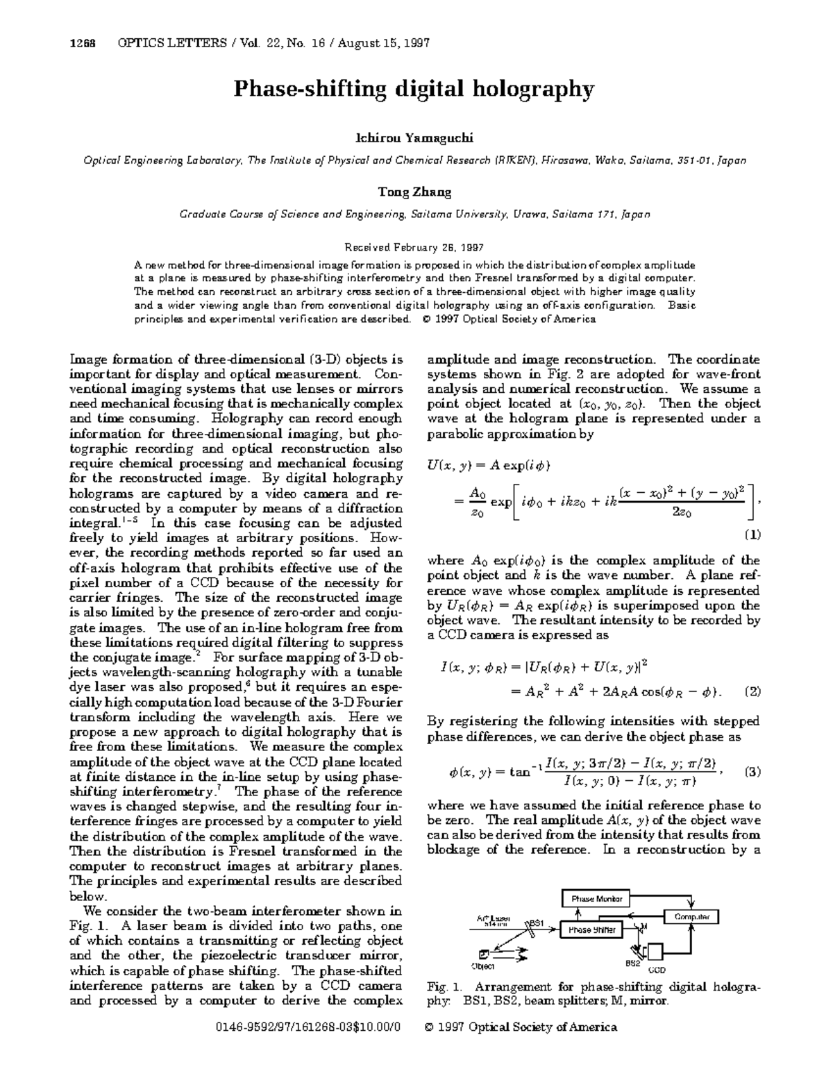 Digital Holography Advances: Yamaguchi 1997 (Optics Letters Vol. 22 ...