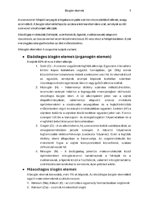1 Tétel Biogén Elemek 1 Tétel Az élő Szervezetet Felépítő Elemek