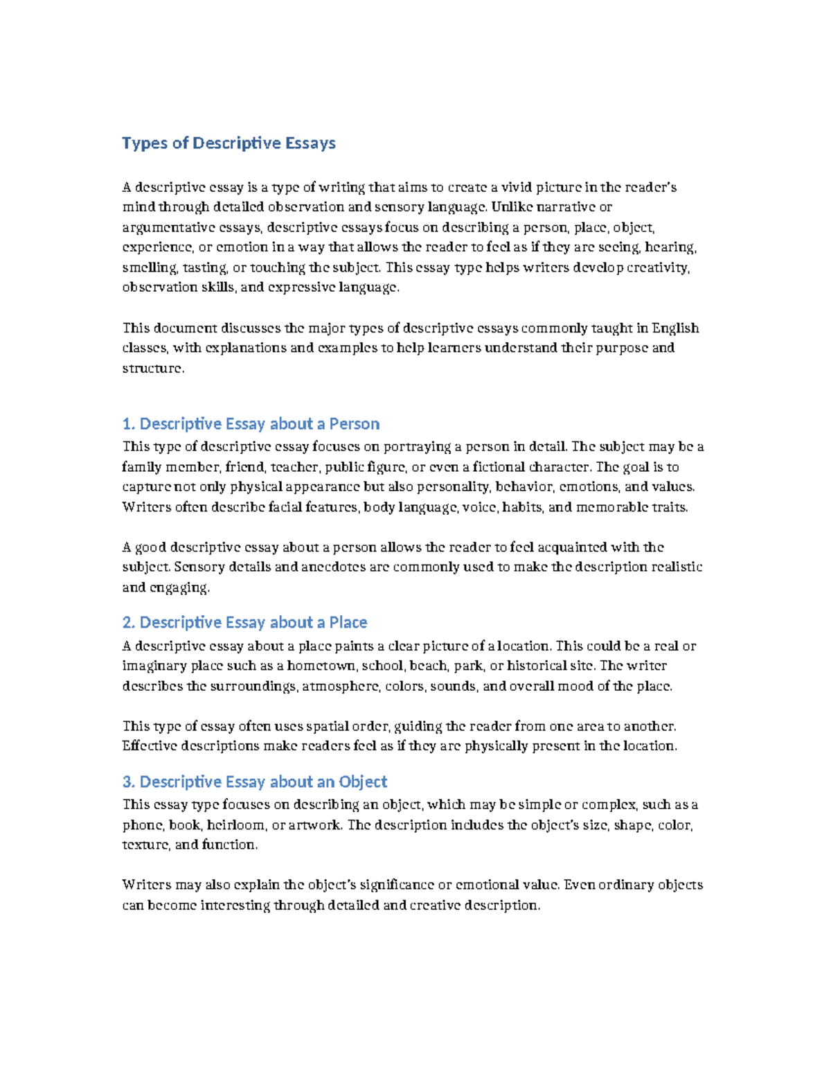 Types of Descriptive Essays: Understanding Their Purpose and Structure ...
