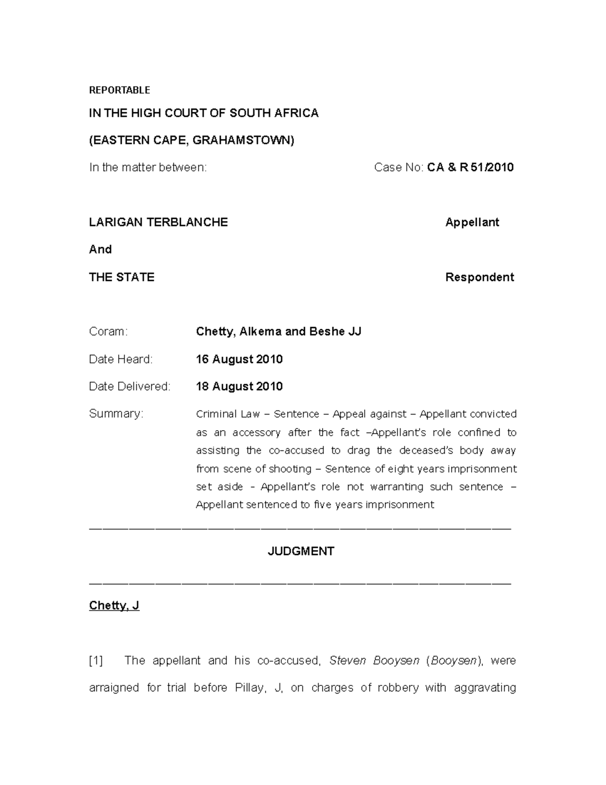 S v Terblanche: High Court Sentence Appeal Judgment Analysis - Studocu