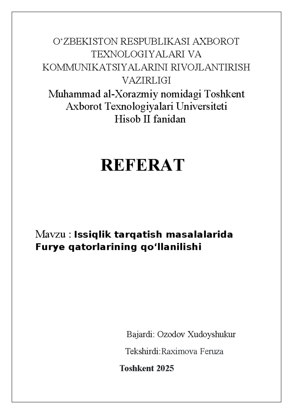 Hisob II: Issiqlik Tarqatish Masalalarida Furye Qatorlari Referati ...