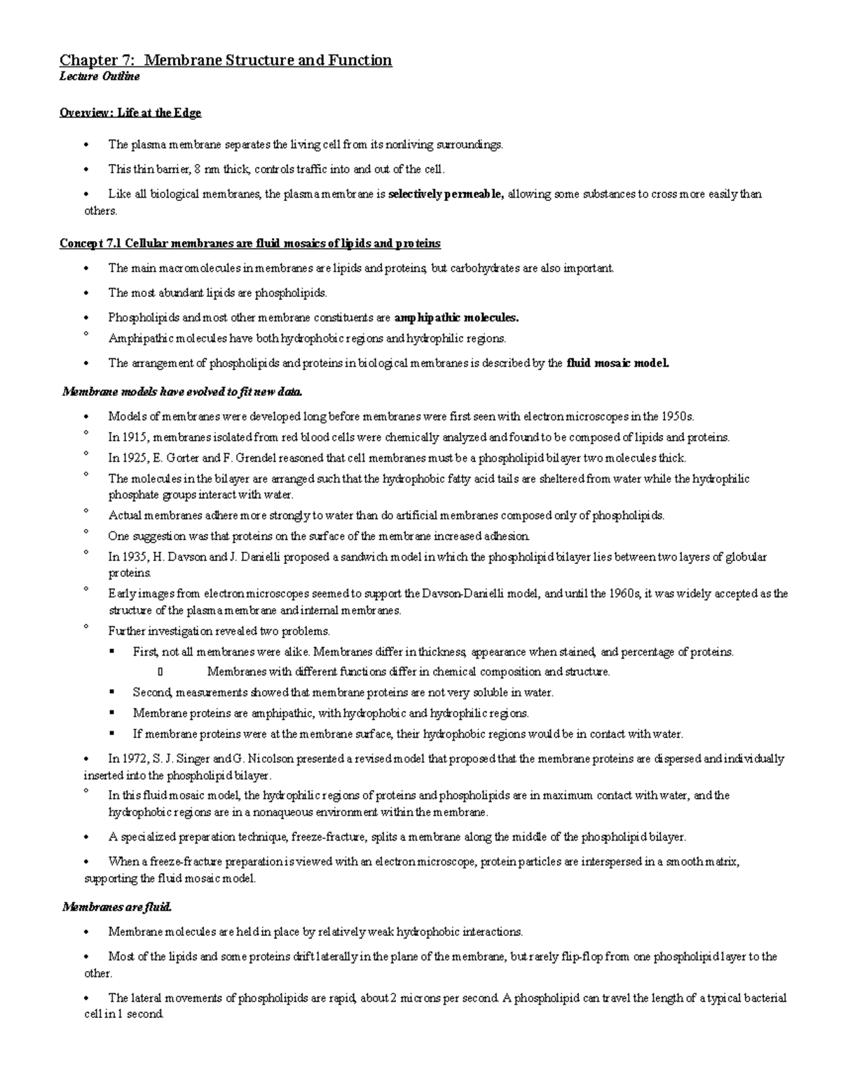 Outline Notes - Membrane Permeability (Chapter 7: Membrane Structure ...