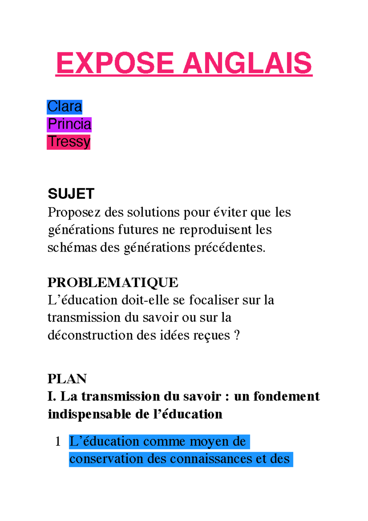EXPOSE ANGLAIS Clara Princia Tressy - Solutions pour l'Avenir - Studocu