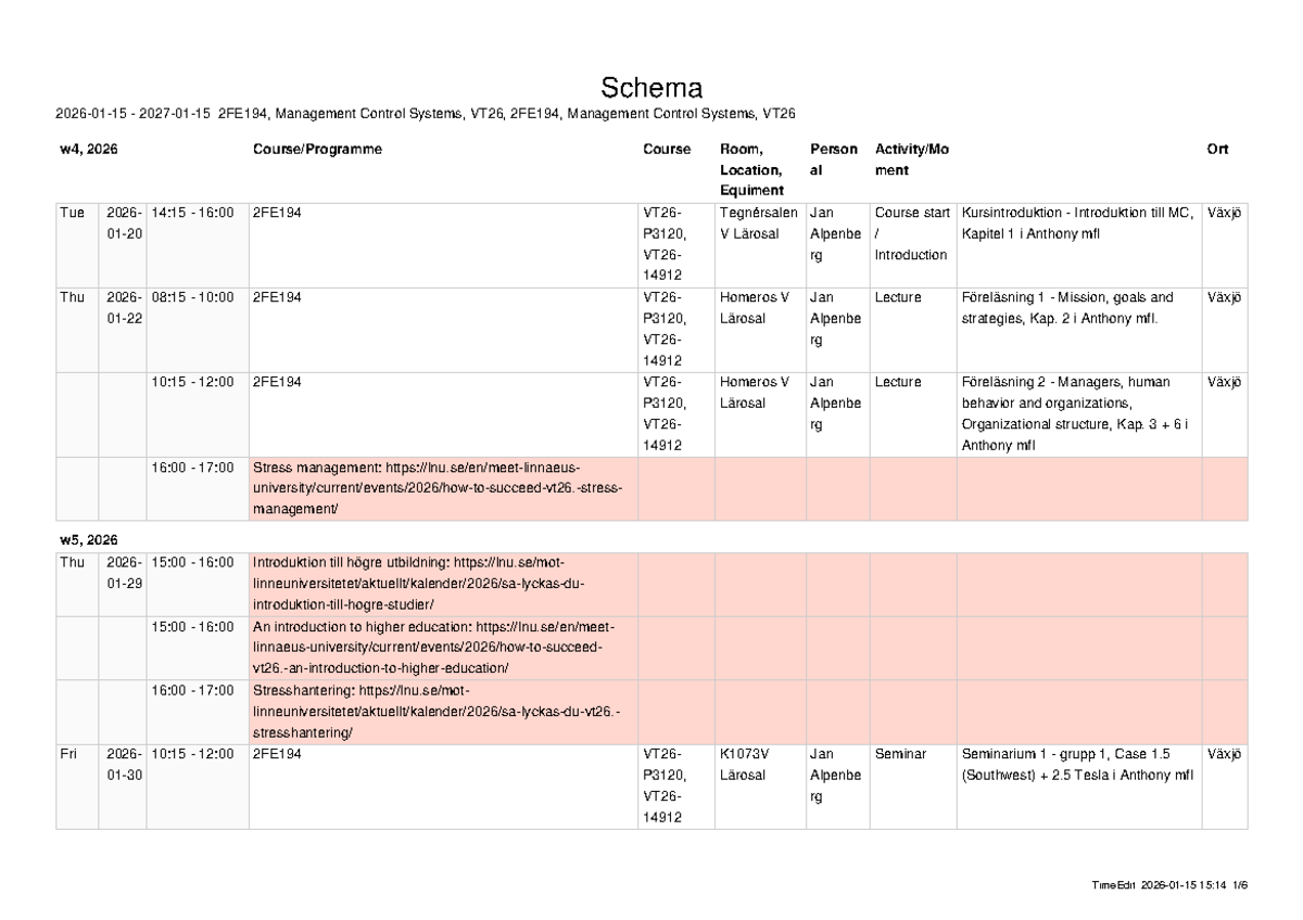 Time Edit Schedule for 2FE194 Management Control Systems VT26 - Studocu