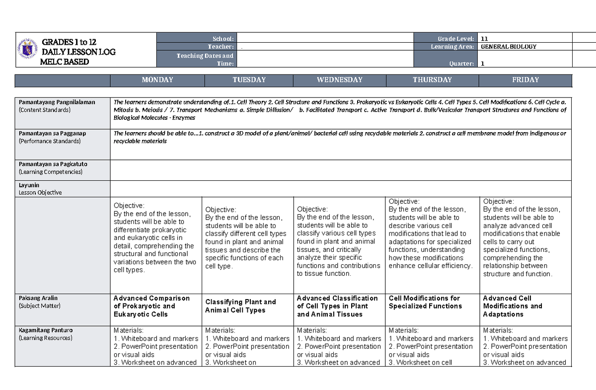 WEEK 2 - DLL: Advanced General Biology Lesson Plan for Grade 11 - Studocu