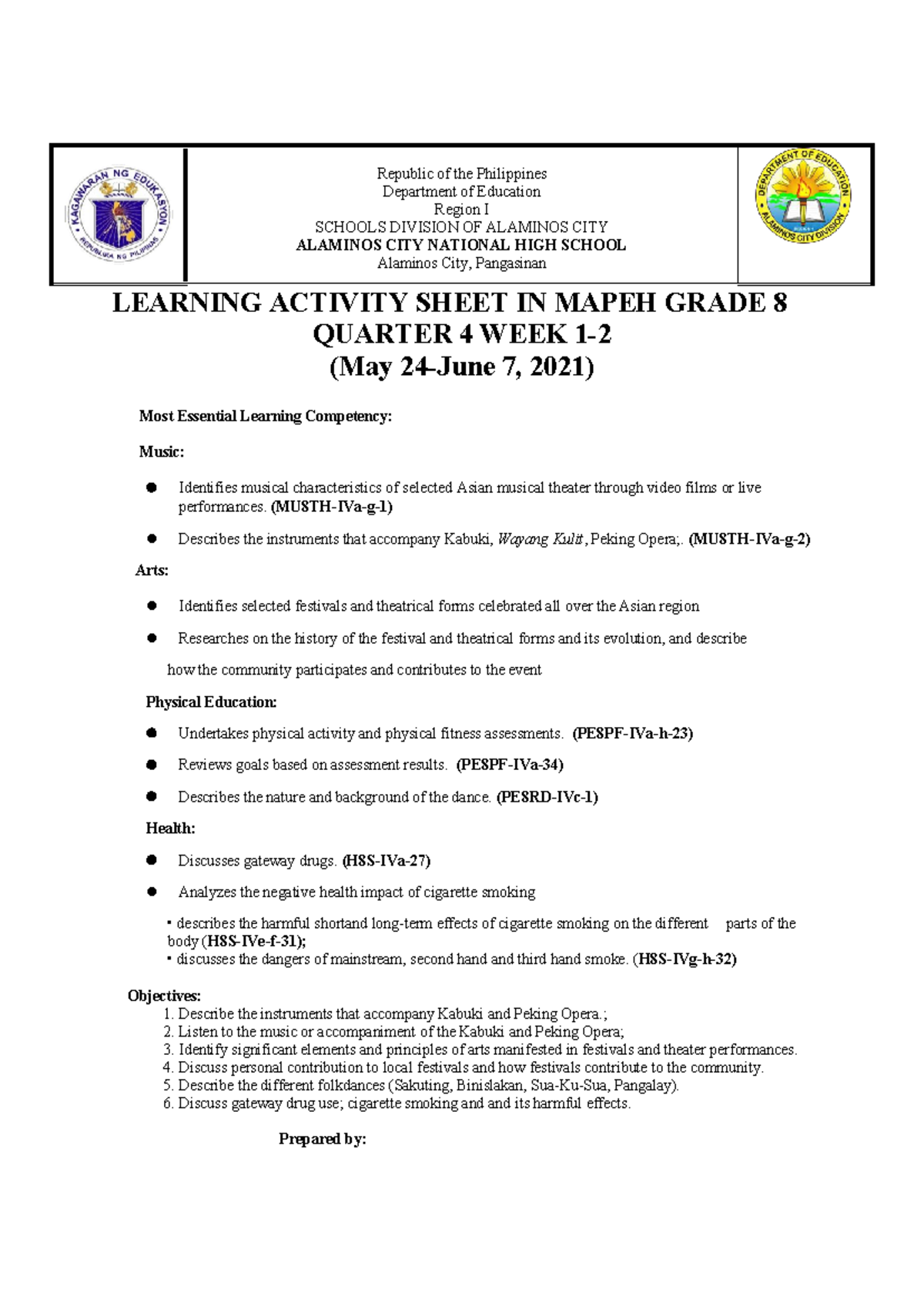 Learning Activity Sheet: MAPEH 8 - Quarter 4, Weeks 1-2 - Studocu