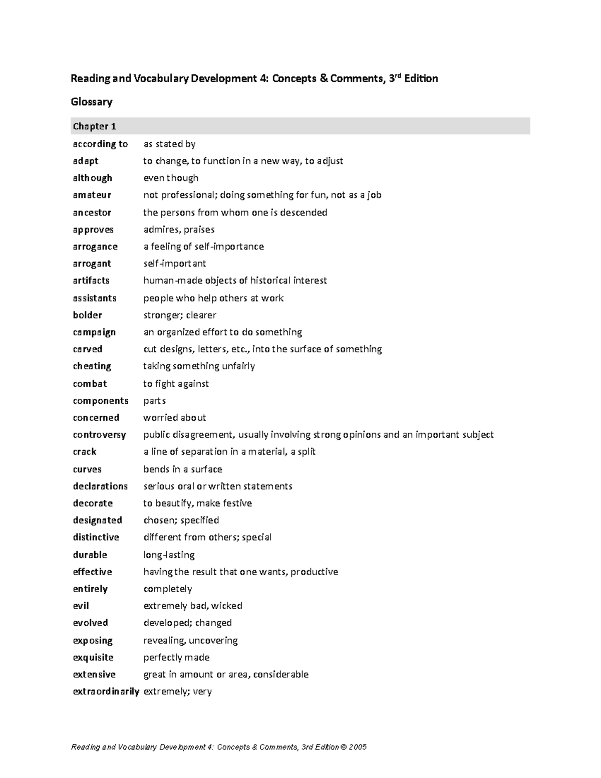 Reading and Vocabulary Development 4: Glossary Chapter 1 (3rd Ed ...