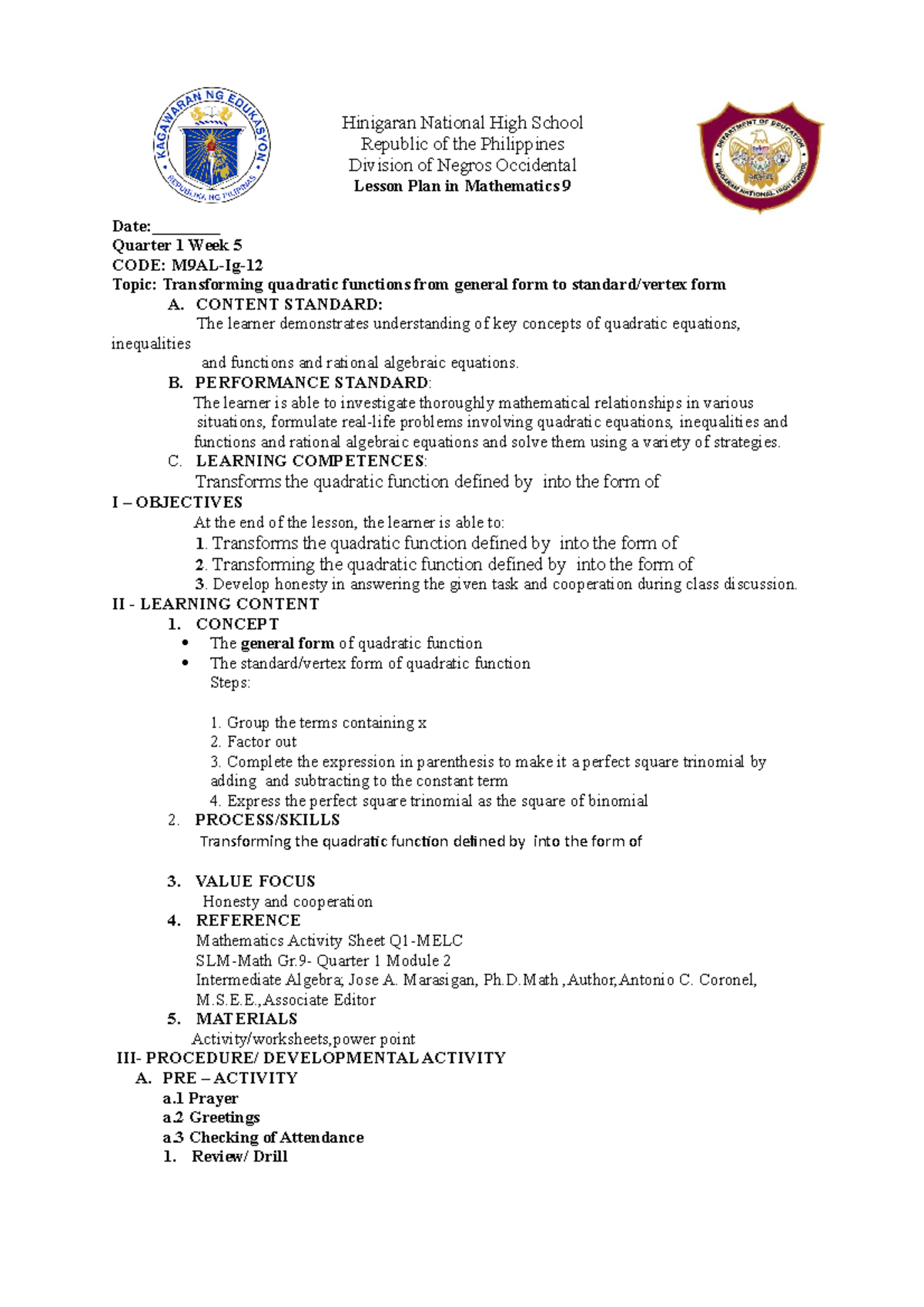 Mathematics 9 Lesson Plan: Transforming Quadratic Functions M9AL-Ig ...