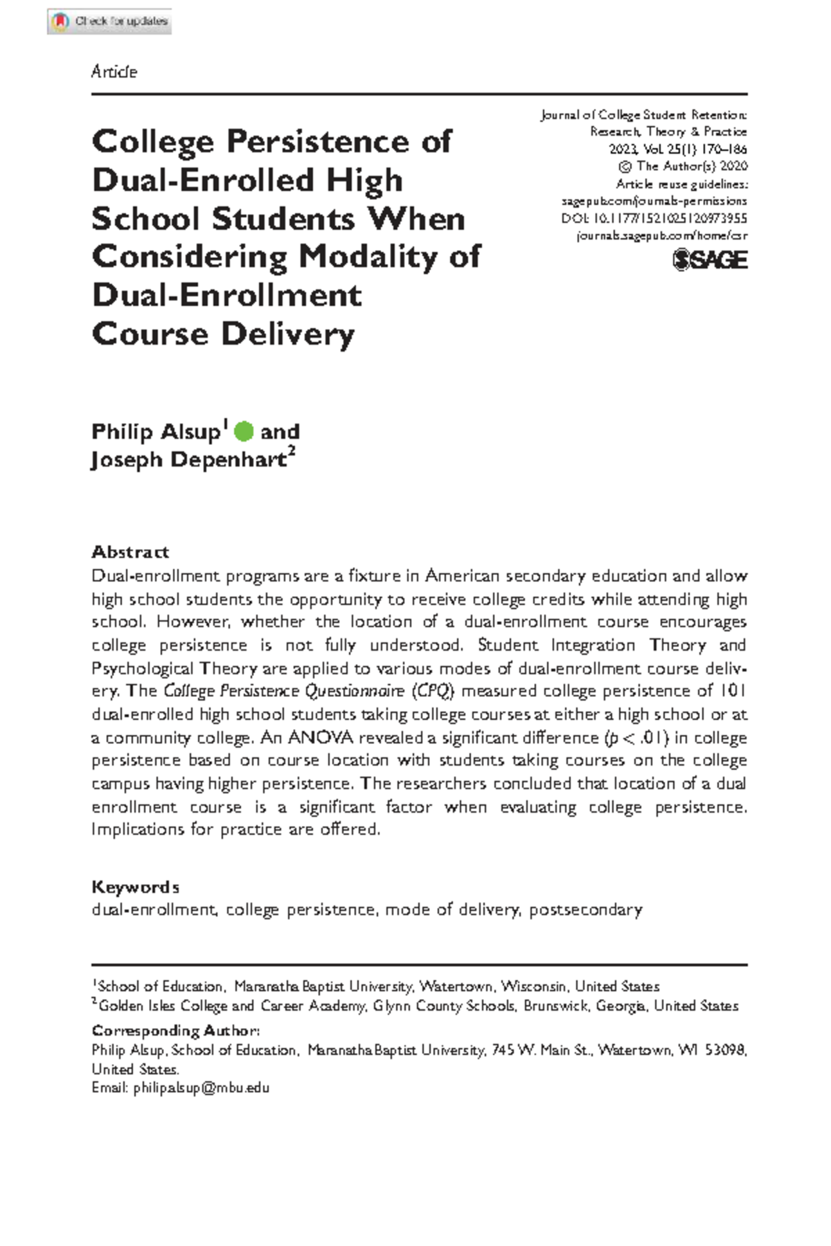 College Persistence of Dual-Enrolled High School Students by Modality ...