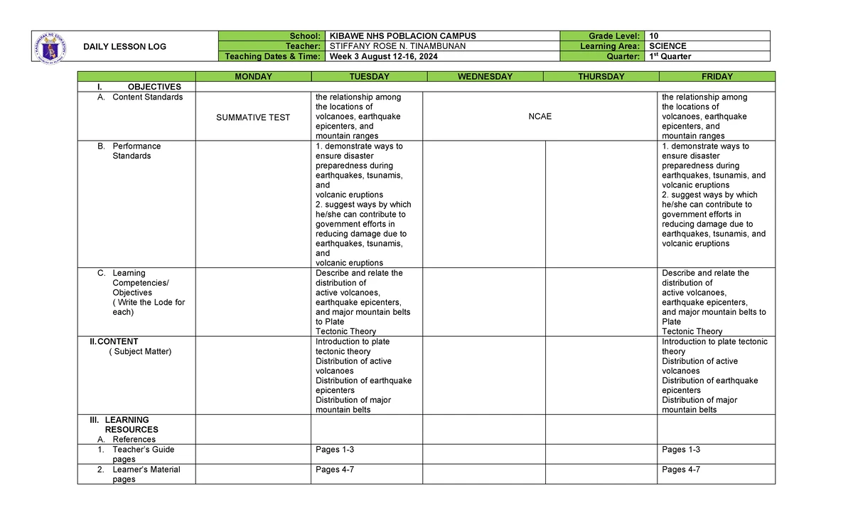Science 10 Wk2 - Daily Lesson Log on Plate Tectonics and Volcanoes ...