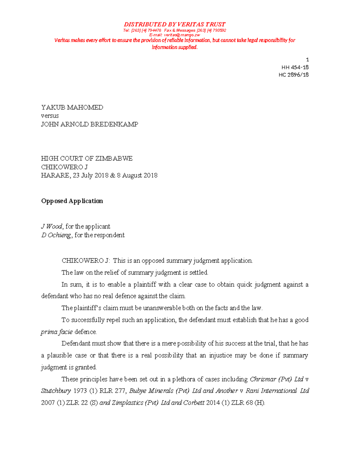 Summary Judgment Analysis - Case No. HH 454/HC 2896 - Studocu